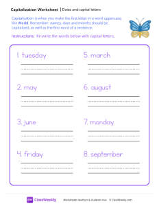 Dates and Capital Letters - Blue and Yellow Butterfly | Worksheet ...