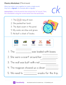 Digraph sounds - The 'ck' sound | Worksheet | ClassWeekly.com