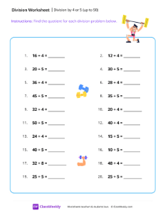 Division by 4 or 5 (up to 50) - Lift | Worksheet | ClassWeekly.com