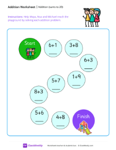 Addition maze (sums to 20) - Friends | Worksheet | ClassWeekly.com