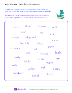 Identify Adjectives - Snake | Worksheet | ClassWeekly.com