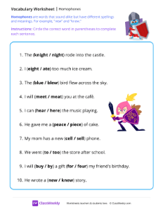 Homophones - Knight | Worksheet | ClassWeekly.com
