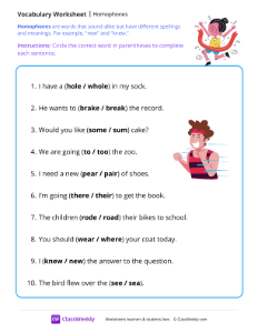 Homophones - Record | Worksheet | ClassWeekly.com