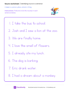 Identifying nouns in a sentence - Toucan | Worksheet | ClassWeekly.com