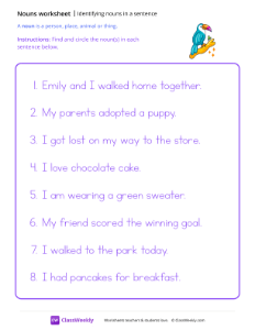 Identifying nouns in a sentence - Parrot | Worksheet | ClassWeekly.com