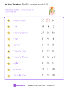 Numbers and Words (0-30) - Lovebird | Worksheet | ClassWeekly.com