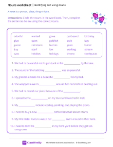 Identifying & Using Nouns - Glove | Worksheet | ClassWeekly.com