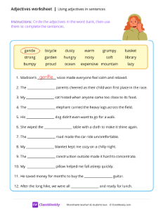 Using adjectives in sentences - Gentle | Worksheet | ClassWeekly.com