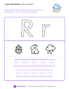 Letter Recognition (R) - Rain | Worksheet | ClassWeekly.com