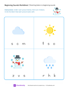 Matching Letters to Beginning Sounds - Snowman | Worksheet ...
