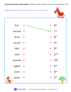 Match ordinal numbers to their words (ordered 1-10) - Horse | Worksheet ...