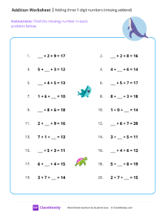 Adding 3 numbers with missing addend - Ocean | Worksheet | ClassWeekly.com