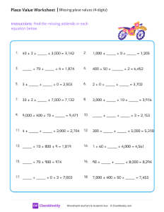 Missing place values (4 digits) - Motorcycle | Worksheet | ClassWeekly.com