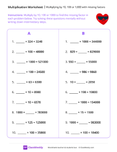 Multiplying by 10, 100 or 1,000 with missing factors - Heart Shades ...