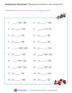 Multiplying by 2 (whole tens with missing factor) - Race | Worksheet ...