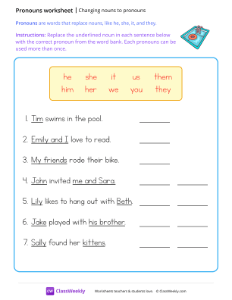 Changing nouns to pronouns - Pool | Worksheet | ClassWeekly.com