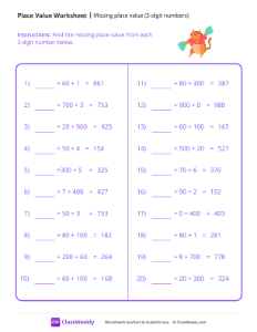 Missing place value (3-digit numbers) - Cat Cheer | Worksheet ...