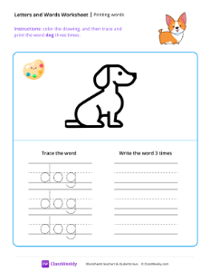 Printing words - Dog | Worksheet | ClassWeekly.com