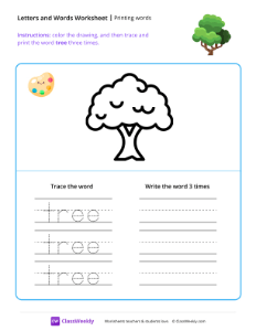 Printing words - Tree | Worksheet | ClassWeekly.com