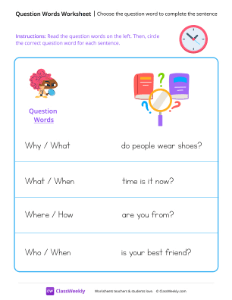 Choose the question word to complete the sentence - Clock | Worksheet ...