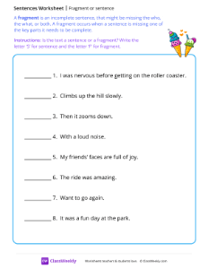 Fragment or sentence - Ice cream | Worksheet | ClassWeekly.com