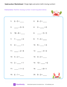 Single digit subtraction (with missing numbers) - Crab | Worksheet ...