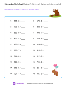 Subtract 1-digit from a 3-digit number (with regrouping) - Bear ...