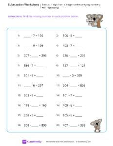 Subtract 1-digit from a 3-digit number (missing numbers with regrouping ...
