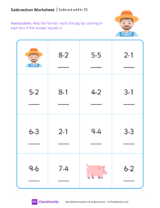 Subtract within 10 - Farmer | Worksheet | ClassWeekly.com