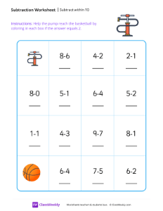 Subtract within 10 - Pump | Worksheet | ClassWeekly.com