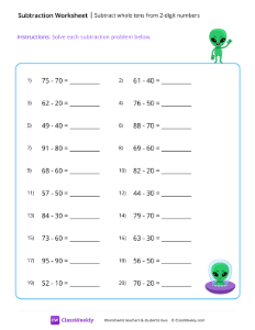 Subtract whole tens from 2-digit numbers - Alien | Worksheet ...