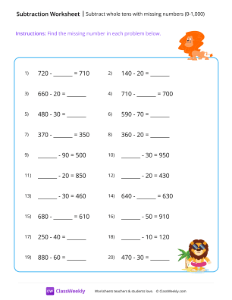 Subtract whole tens with missing numbers (0-1,000) - Lion | Worksheet ...