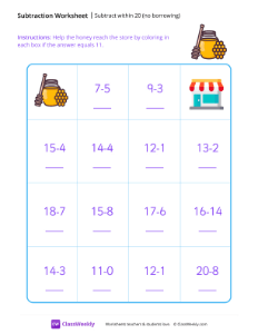 Subtract within 20 (no borrowing) - Honey | Worksheet | ClassWeekly.com