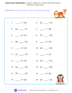 Subtract 1-digit from a 2-digit number with missing numbers (no ...