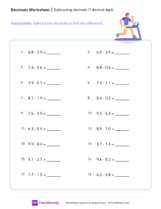 Subtracting decimals (1 decimal digit) - Treadmill | Worksheet ...
