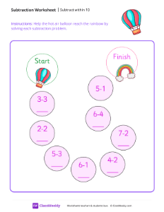 Subtract within 10 - Hot Air Balloon | Worksheet | ClassWeekly.com