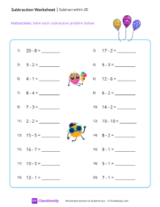 Subtract within 20 - Balloons | Worksheet | ClassWeekly.com