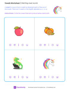 Matching Vowel Sounds - Unicorn | Worksheet | ClassWeekly.com