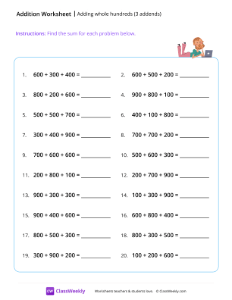 Adding whole hundreds (3 addends) - Laptop | Worksheet | ClassWeekly.com