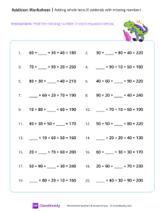 Adding whole tens (4 addends with missing number) - Dino | Worksheet ...