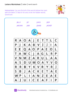 Letter J word search - Binoculars | Worksheet | ClassWeekly.com
