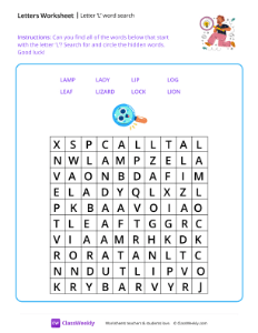 Letter L word search - Great Find | Worksheet | ClassWeekly.com