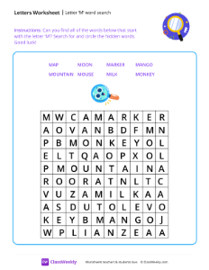 Letter M word search - Big Magnifying Glass | Worksheet | ClassWeekly.com
