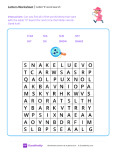 Letter S word search - Pink Jacket | Worksheet | ClassWeekly.com