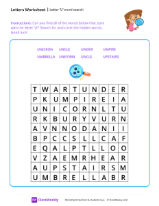 Letter U word search - Lost | Worksheet | ClassWeekly.com