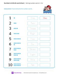 Writing number words (1-10) - Swim | Worksheet | ClassWeekly.com