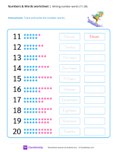 Writing number words (11-20) - Ski | Worksheet | ClassWeekly.com