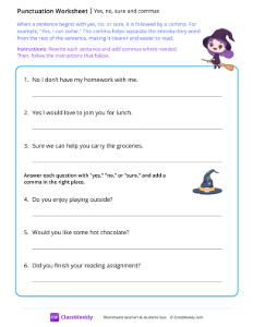 Yes, no, sure and commas - Witch | Worksheet | ClassWeekly.com